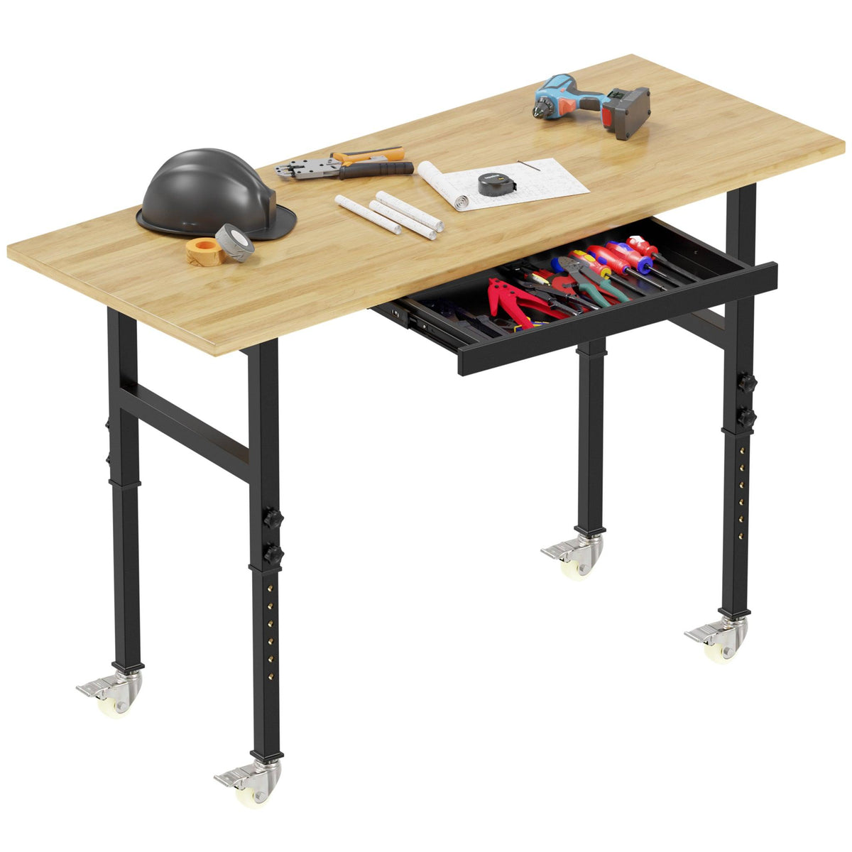 RaDEWAY Adjustable Height Oak Workbench With Sockets with 4 Wheels ...
